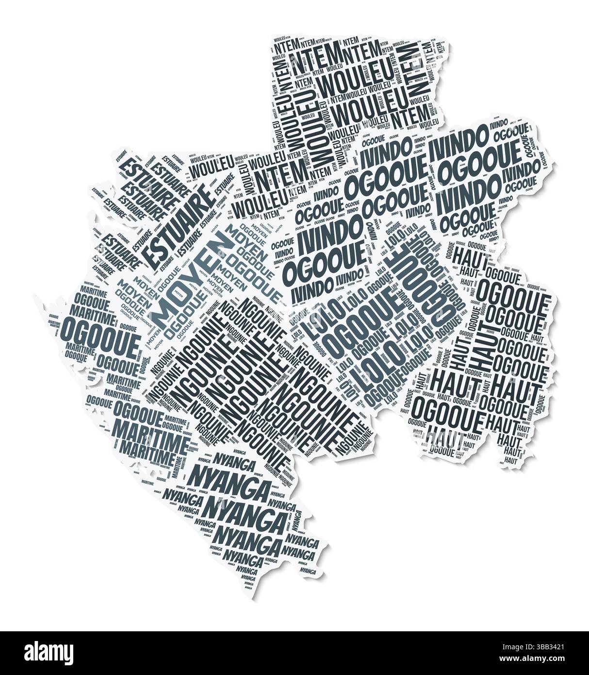 Gabon shape text cloud. Country border with shadow on white background ...