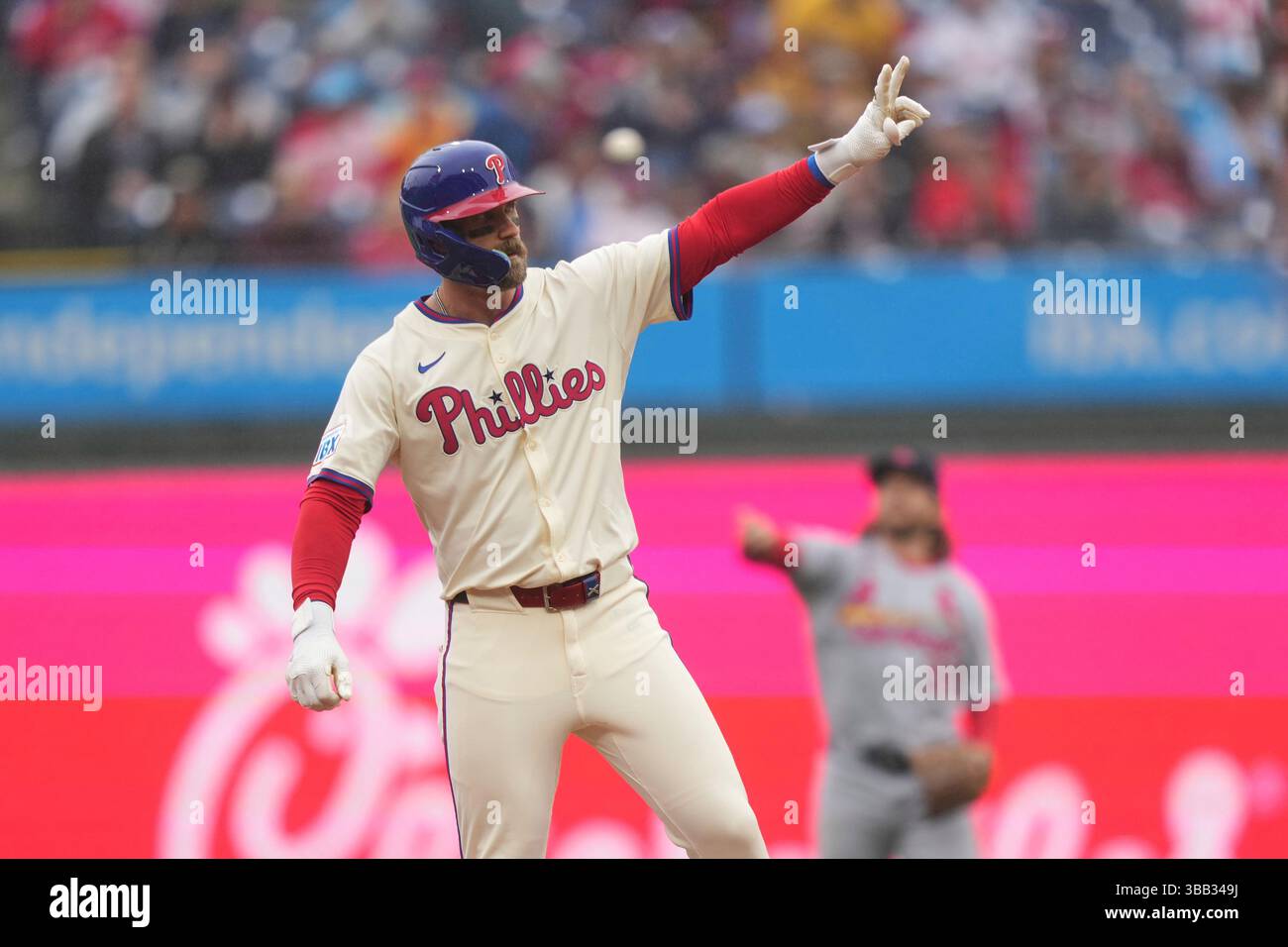 Philadelphia Phillies' Bryce Harper reacts after hitting a double off of St. Louis Cardinals ...