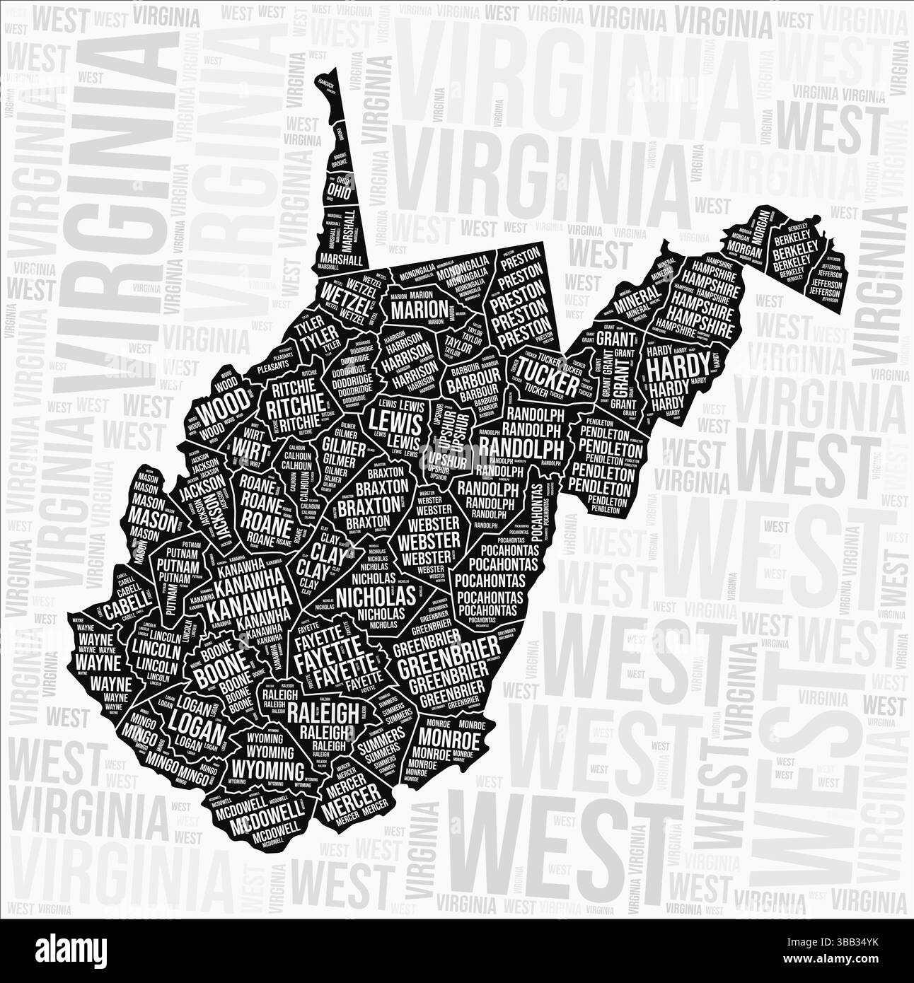 West Virginia counties map word cloud. West Virginia region names. Black and white map design ...