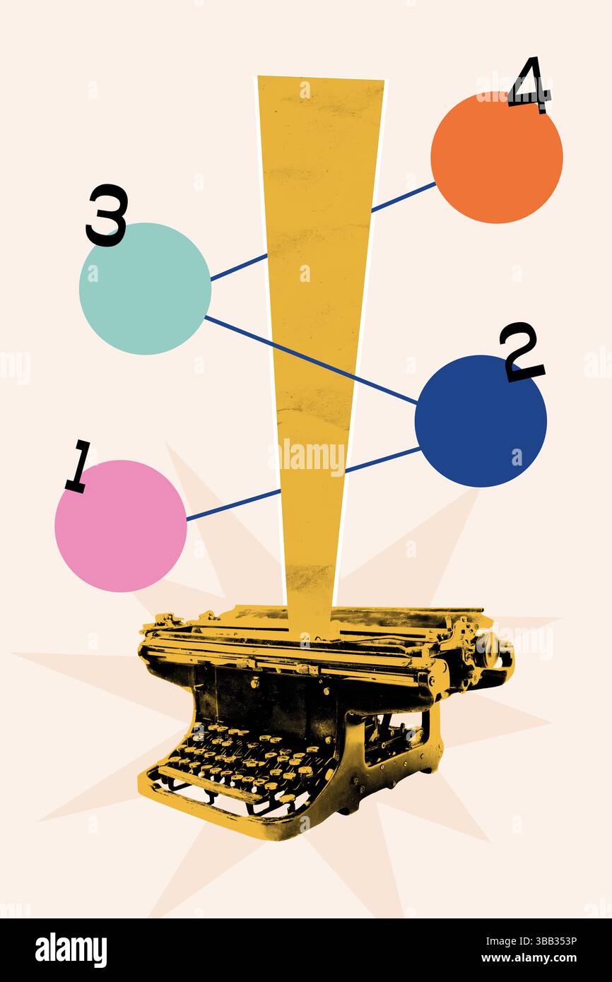 Exclamation mark emerges from yellow typewriter linked with color-coded ...