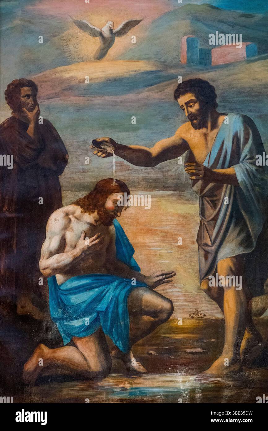 Labatut, France - 04-21-2025: Painting (19th century) of Baptism of Jesus by John the Baptist in ...