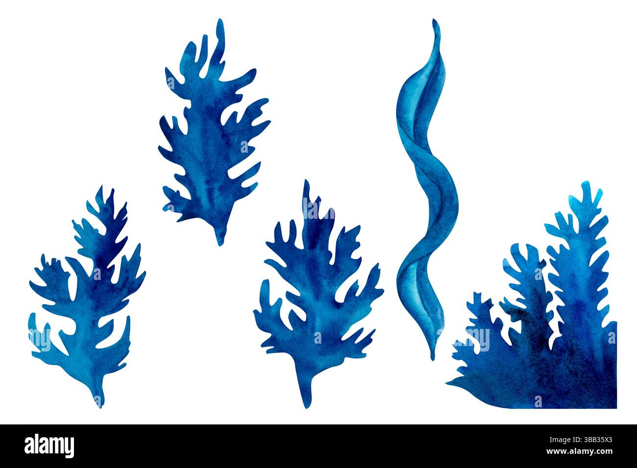 Set of blue seaweed silhouettes in different shades and shapes ...
