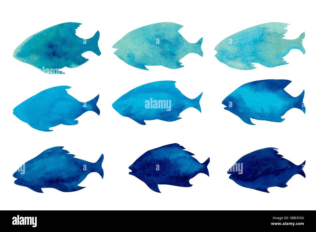Set of nine blue fish silhouettes in different shades and shapes ...