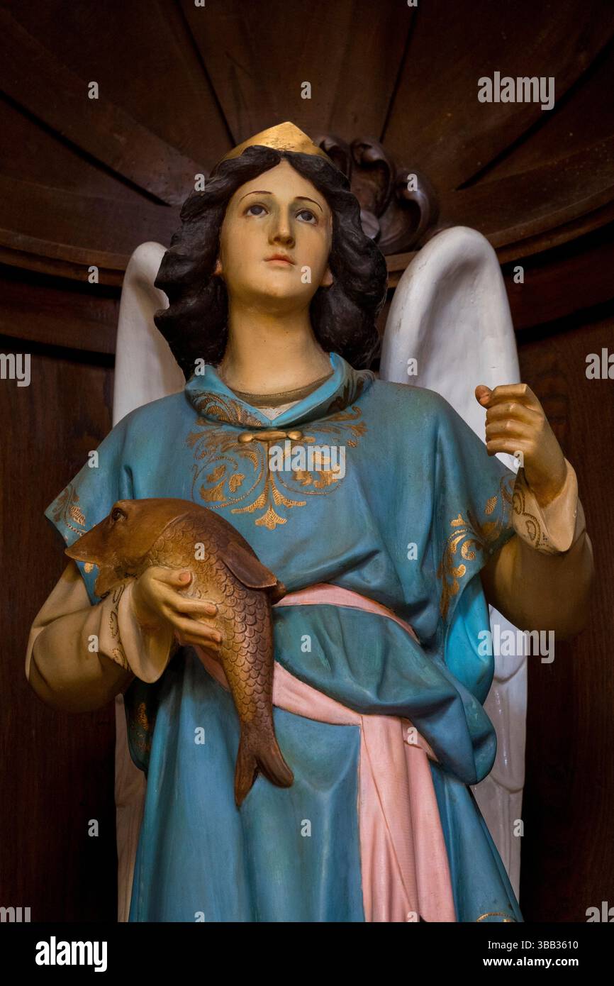 Colunga, Spain - 04-28-2025: Statue (19th century) of Archangel Raphael ...