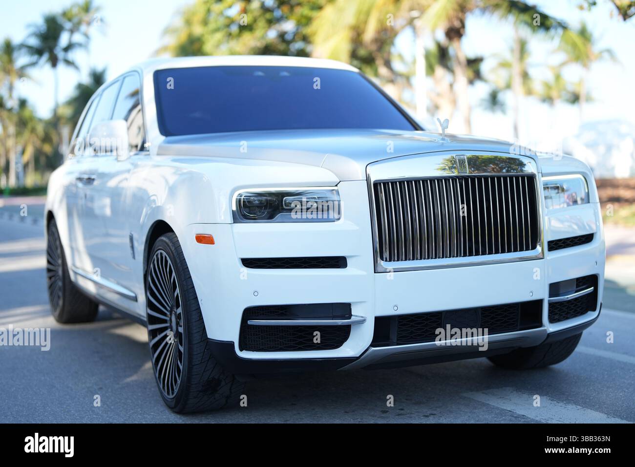 April 3, 2025. Miami. Rolls Royce luxury car on the street. Exclusive luxury automobile. Rolls ...