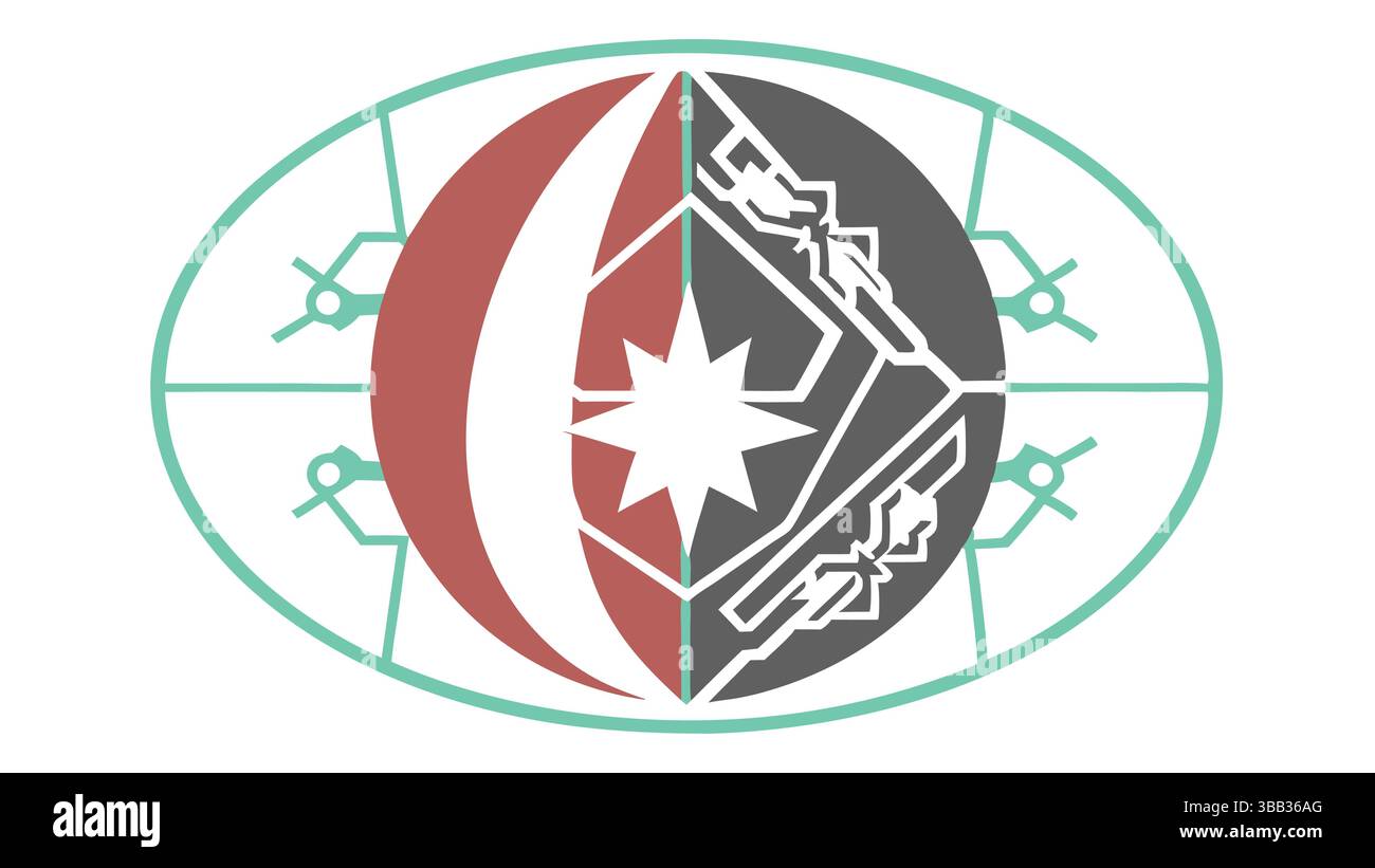 Abstract logo design red gray teal star geometric shapes oval frame ...