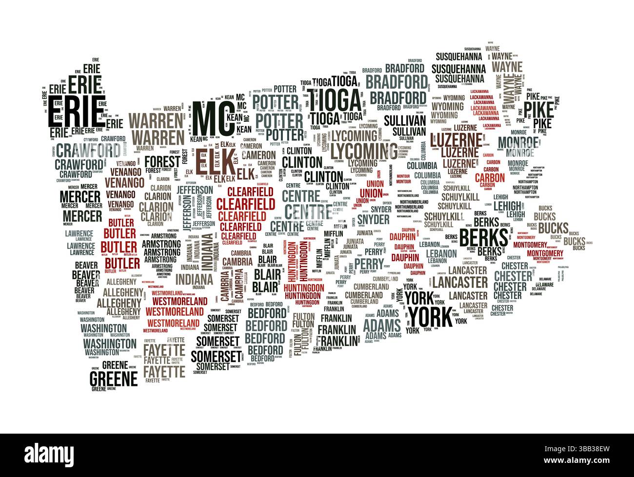 Pennsylvania Word Cloud. State shape with county division. Pennsylvania ...
