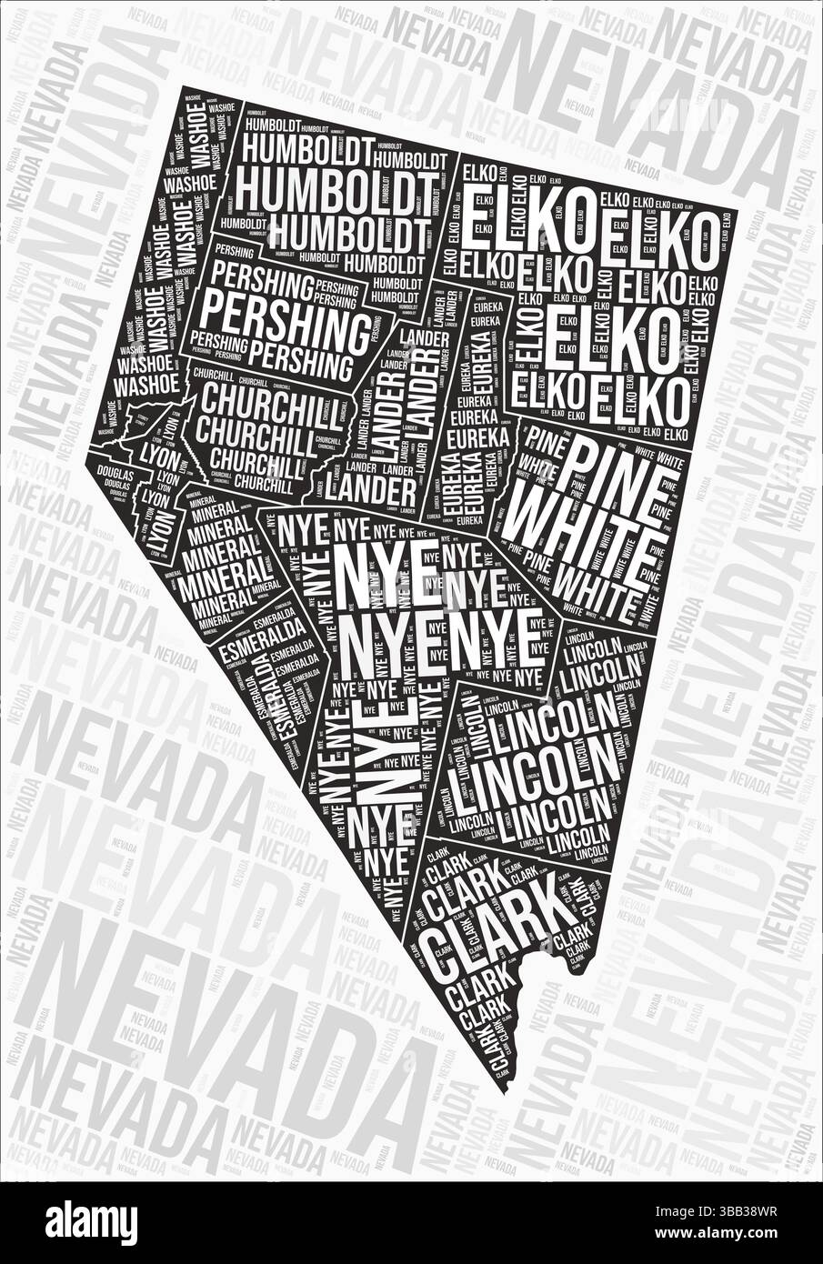 Nevada counties map word cloud. Nevada region names. Black and white ...