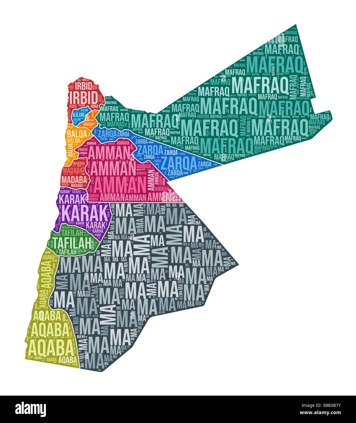 Jordan shape. Country word cloud with region division. Jordan colored ...