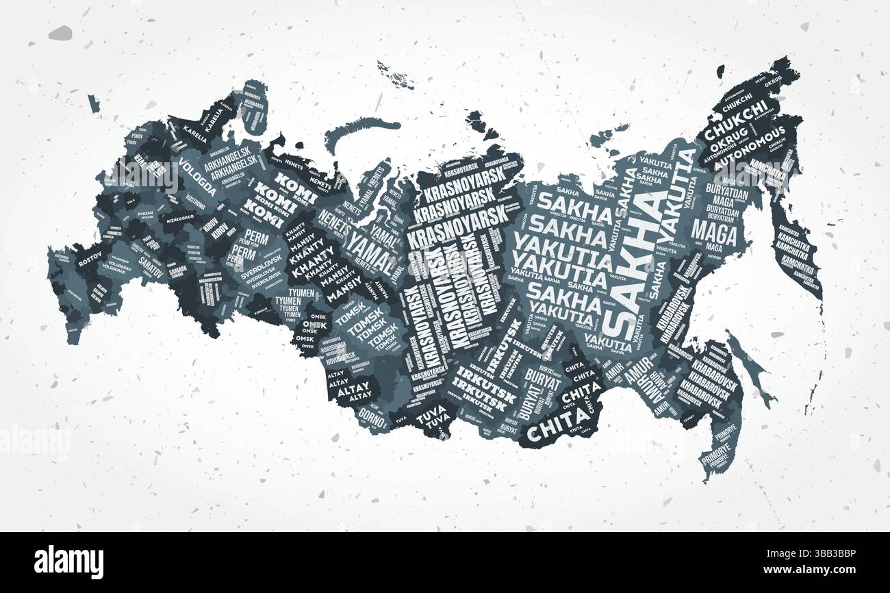 Russia regions word clouds. Country shape on textured background ...