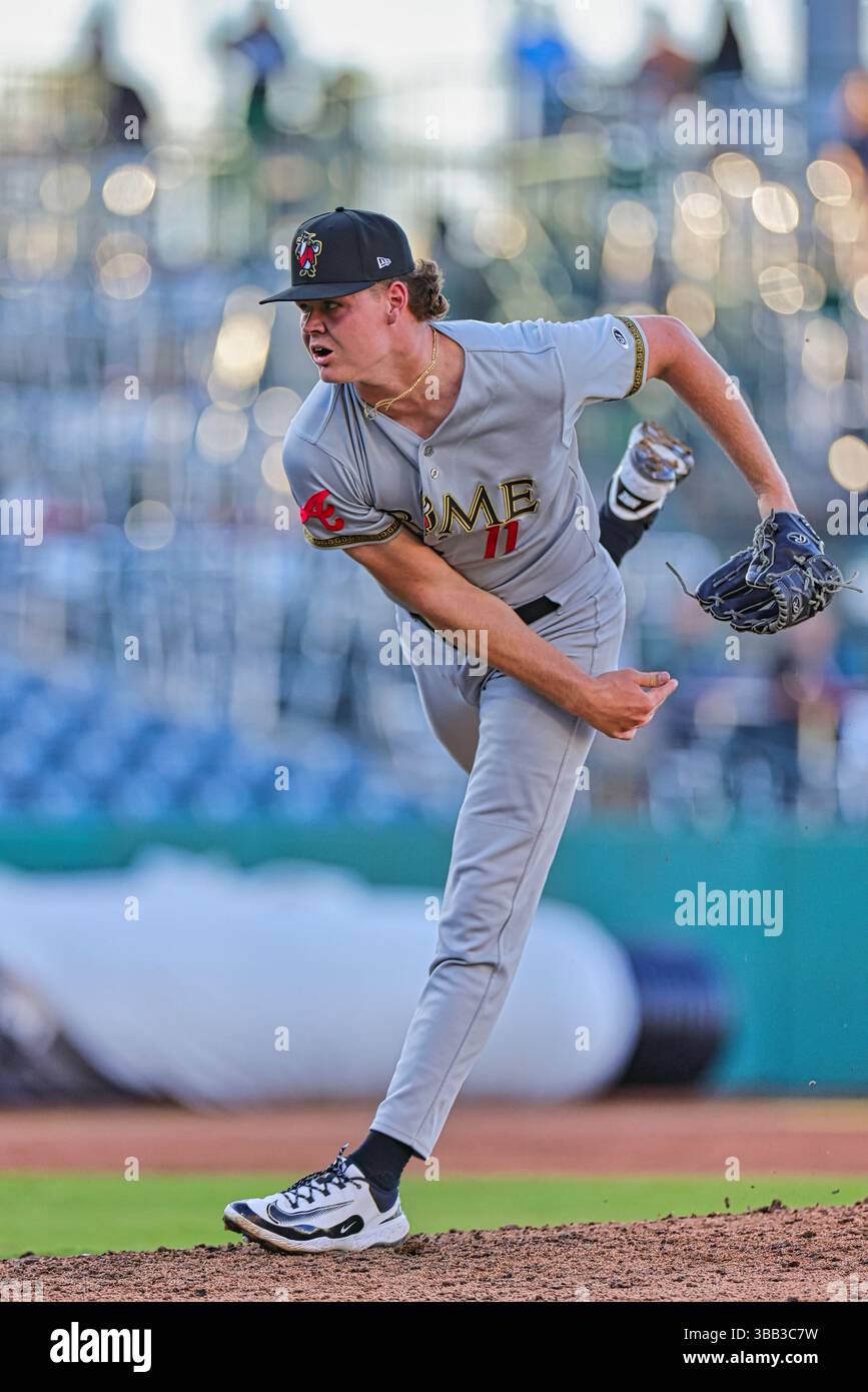 Greensboro, NC: Rome Emperors pitcher Garrett Baumann (11) delivers a ...