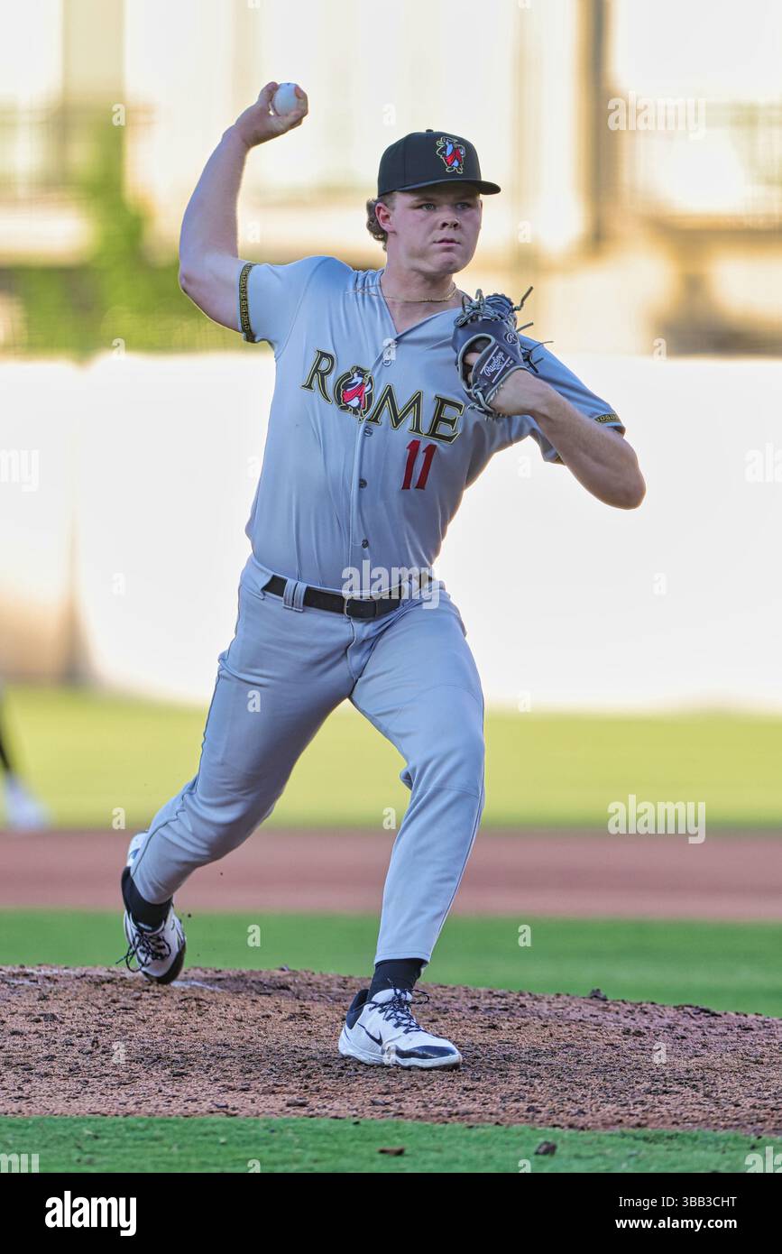 Greensboro, NC: Rome Emperors pitcher Garrett Baumann (11) delivers a ...