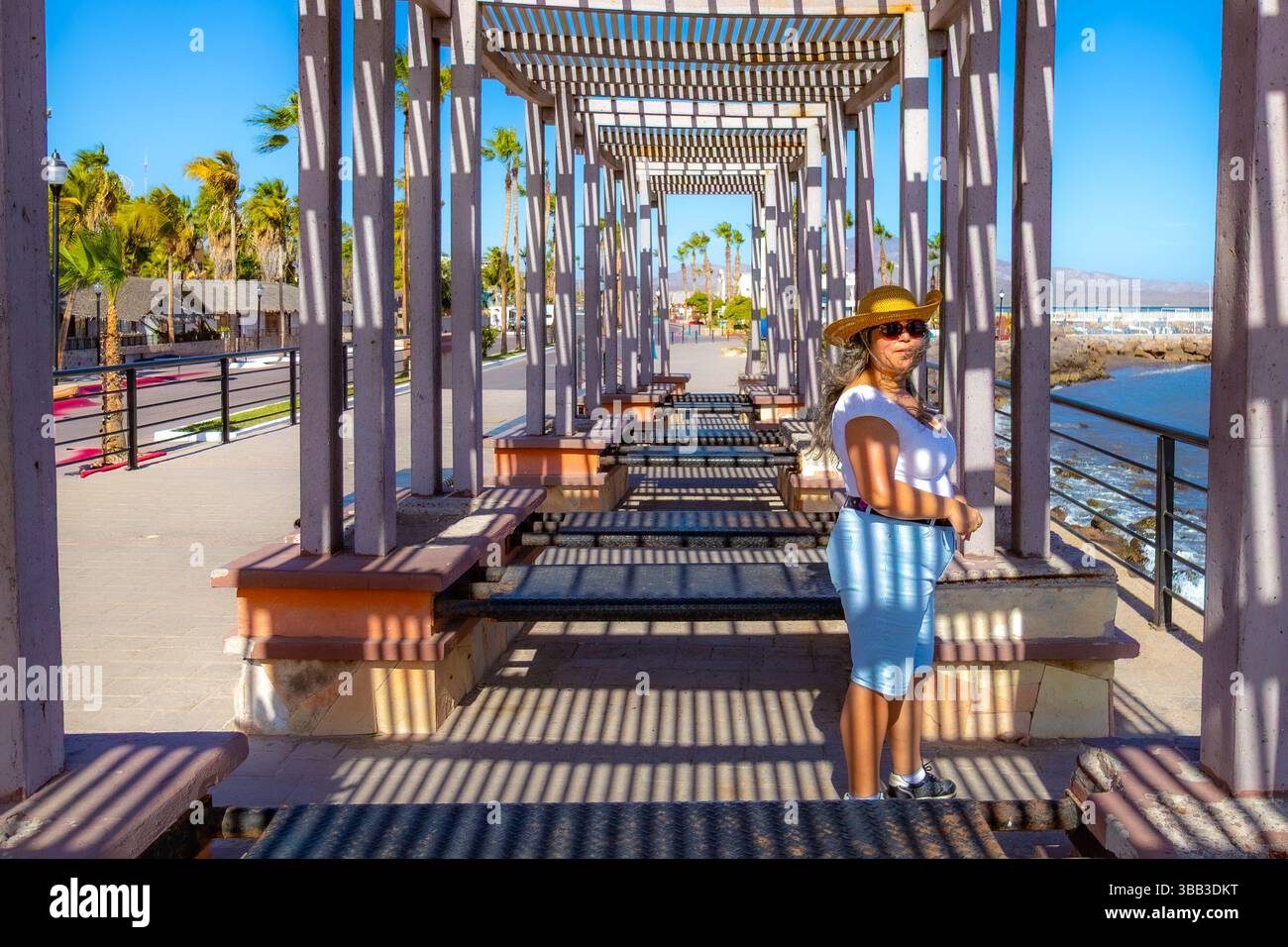 Coastal viewpoint with adult woman standing in profile and looking at ...
