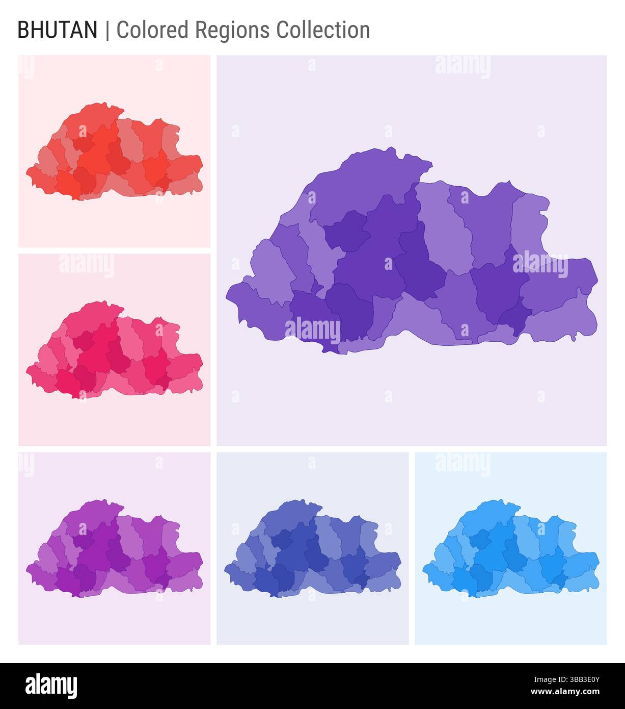Bhutan map collection. Country shape with colored regions. Deep Purple, Red, Pink, Purple ...