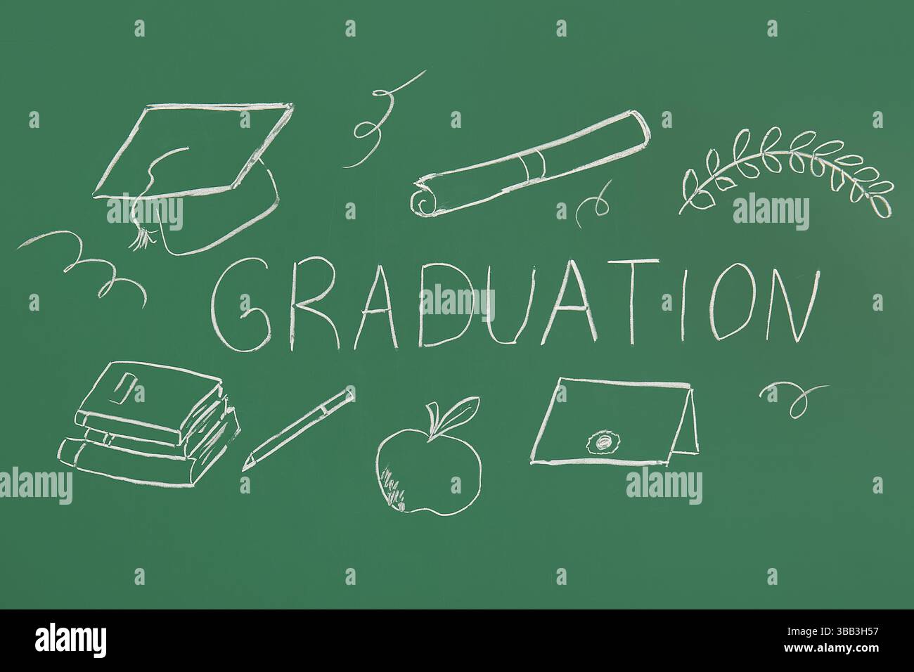 Word GRADUATION with drawings on green chalkboard Stock Photo - Alamy