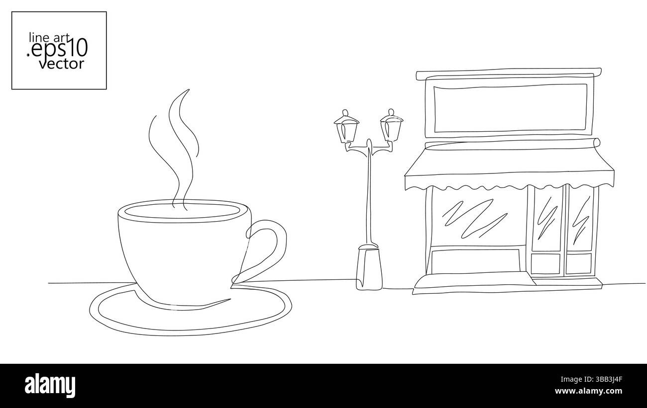 One line cafe street scene illustration. Continuous line coffee shop ...