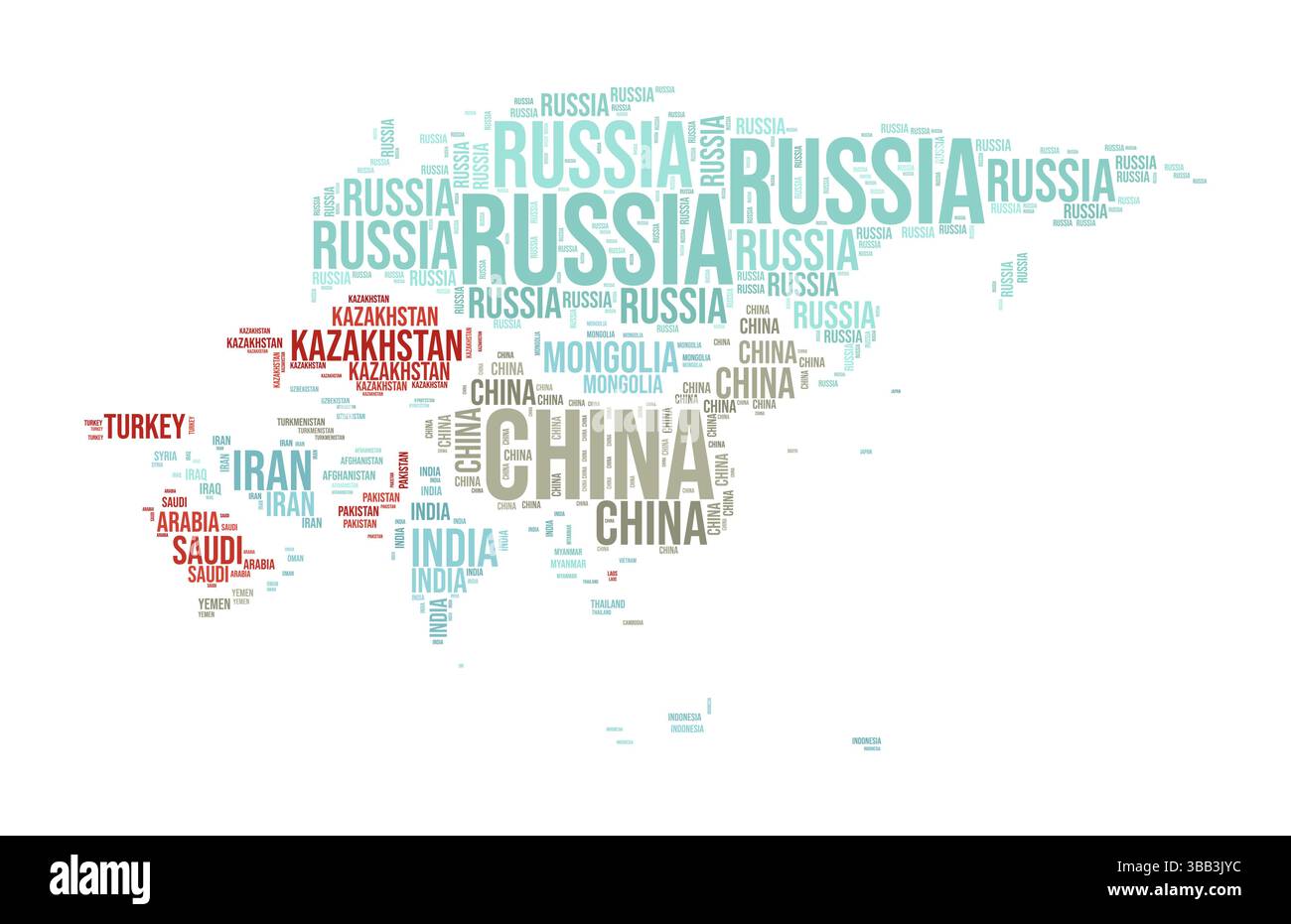 Asia Word Cloud. Continent shape with country division. Asia typography ...