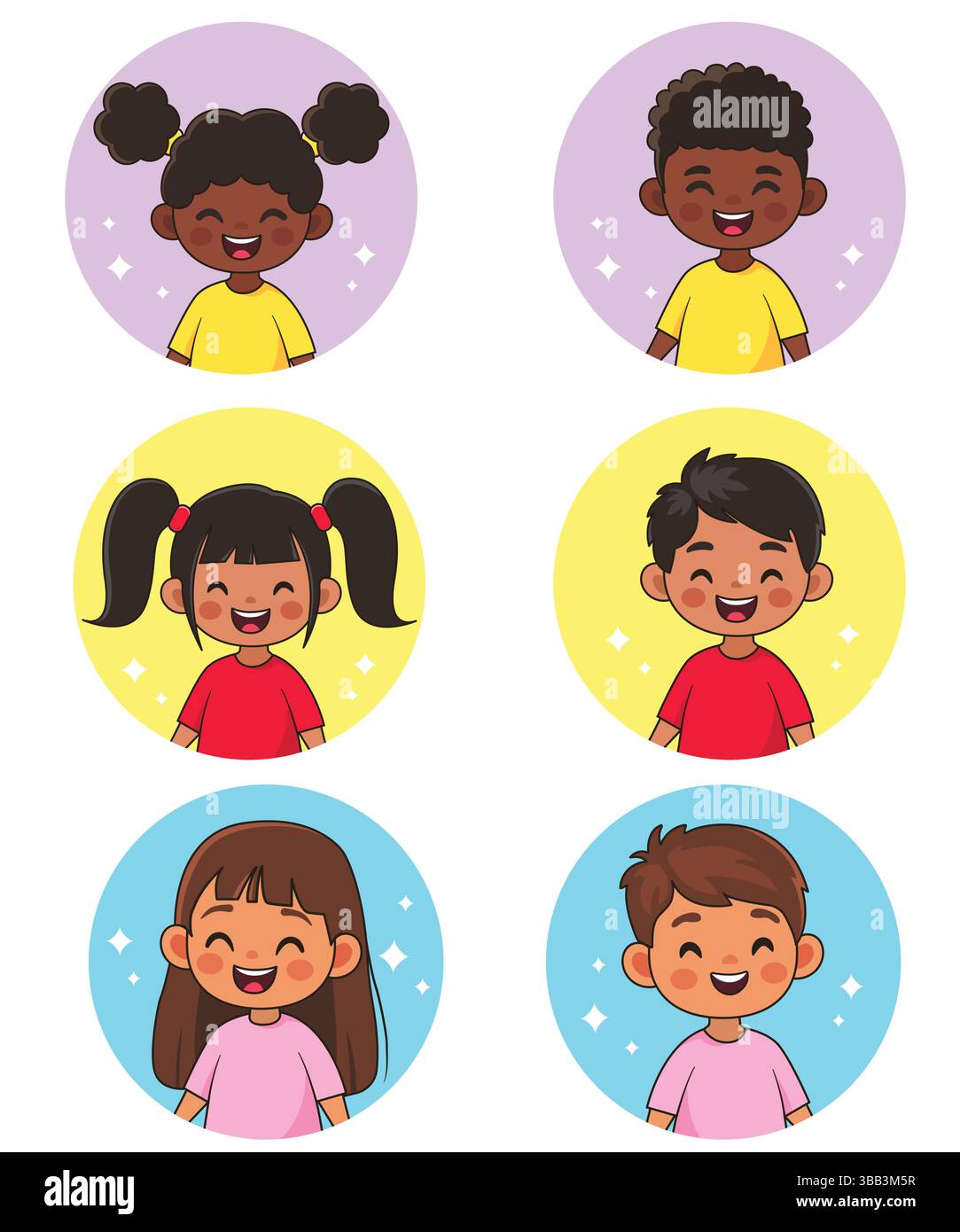 Set of stickers of smiling children. Children of different races ...