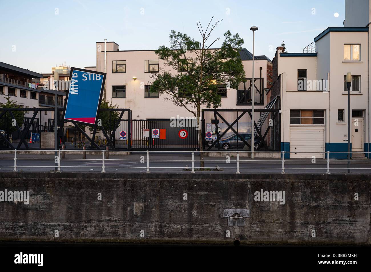 MIVB STIB bus depot at the banks of the canal in Anderlecht, Brussels ...
