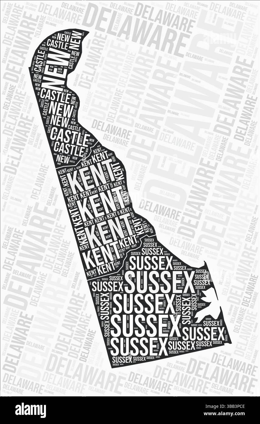 Delaware counties map word cloud. Delaware region names. Black and ...