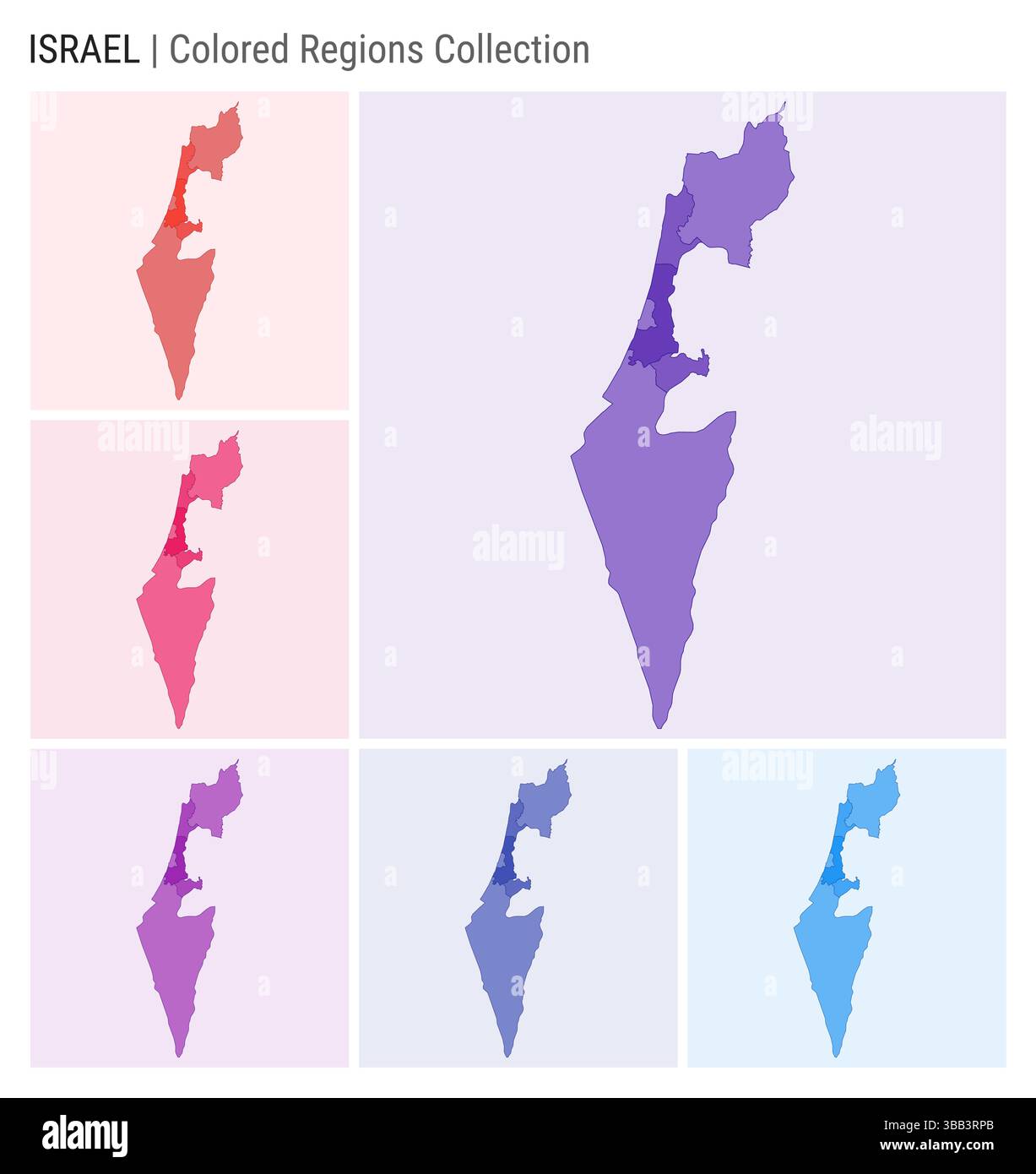 Israel map collection. Country shape with colored regions. Deep purple, red, pink, purple ...