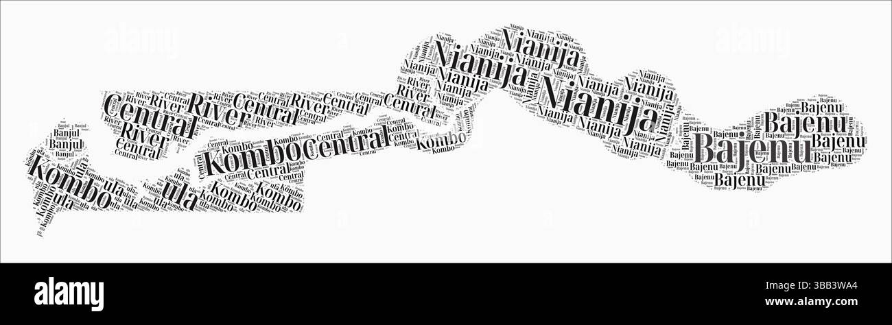 Gambia Text Style Regions. Country region names word clouds in English ...