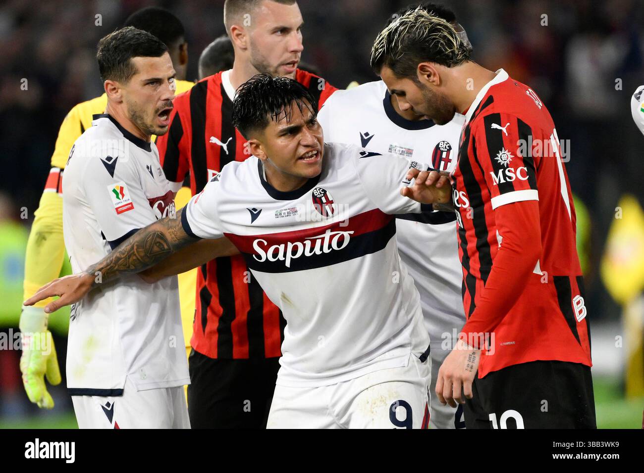 Rome, Italy. 14th May, 2025. Remo Freuler and Santiago Castro of Bologna FC and Theo Hernandez ...