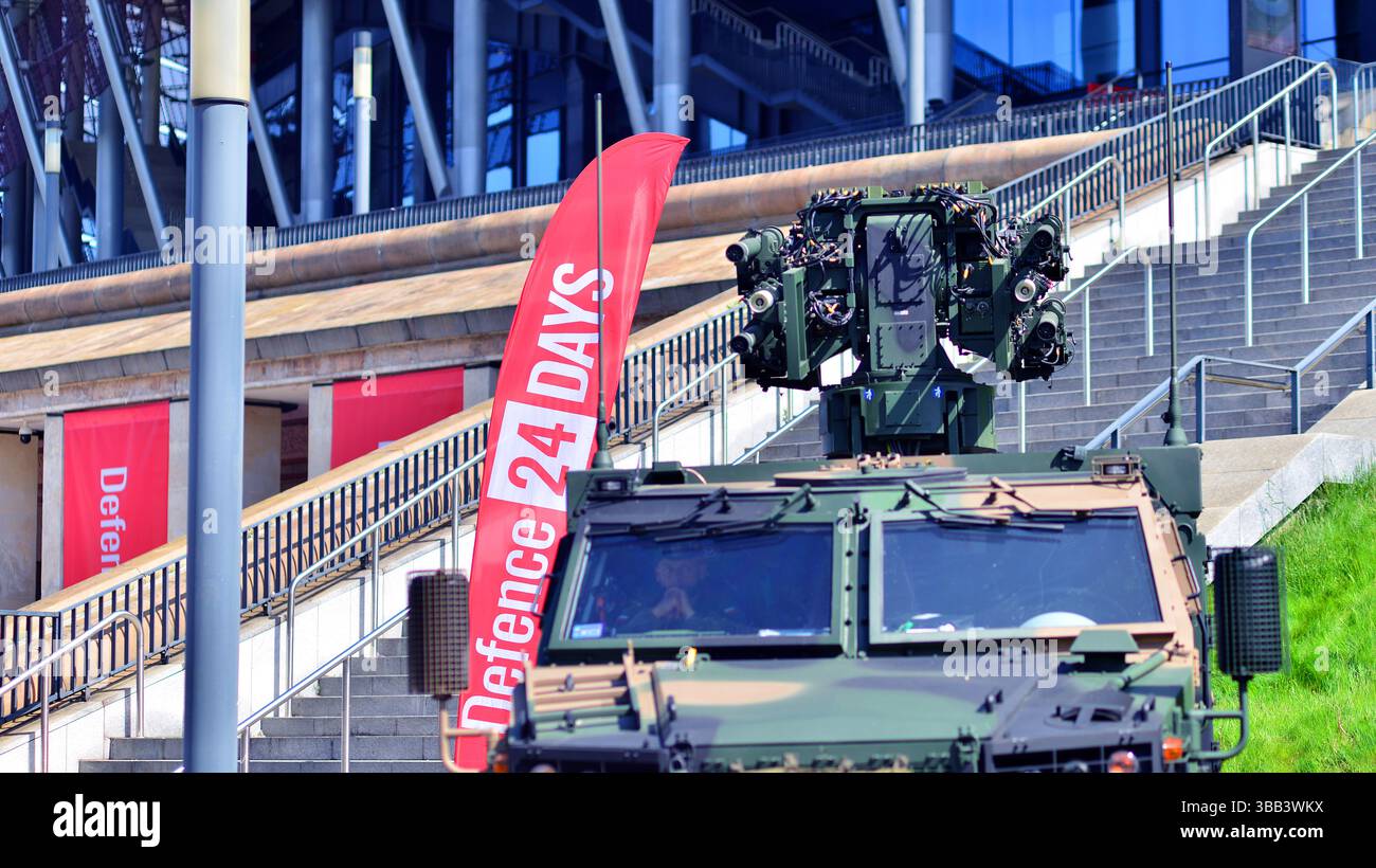 Warsaw, Poland. 7 May 2025. A view of flags with the words Defence24 on ...