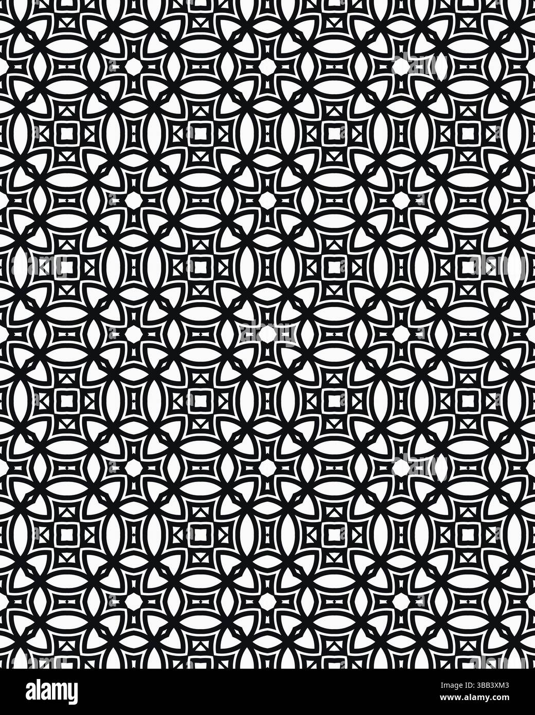 A detailed black and white geometric pattern featuring interlocking ...