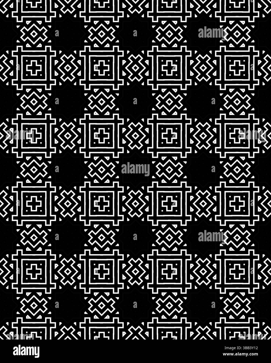 A detailed black and white pattern features interconnected geometric ...