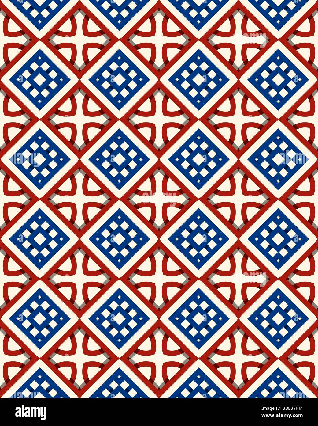 A vibrant geometric pattern displays blue and red diamond shapes ...