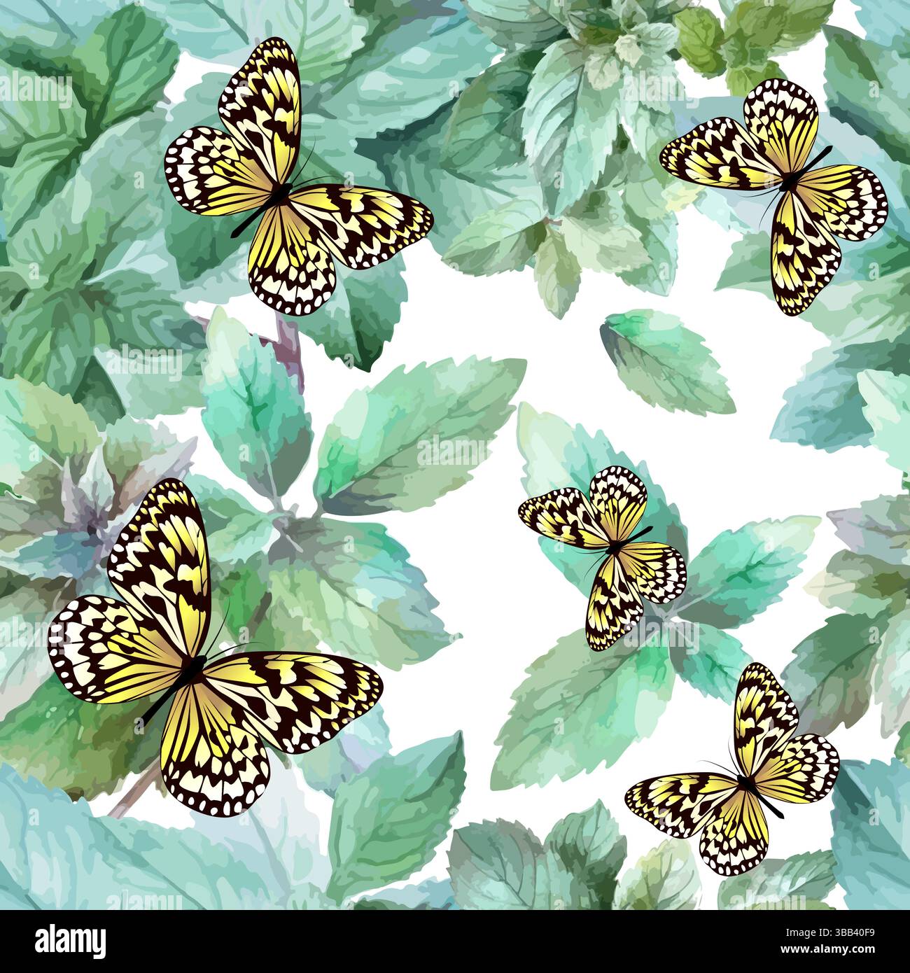 Seamless background mint and butterflies. hand drawn. Not AI, Vector ...