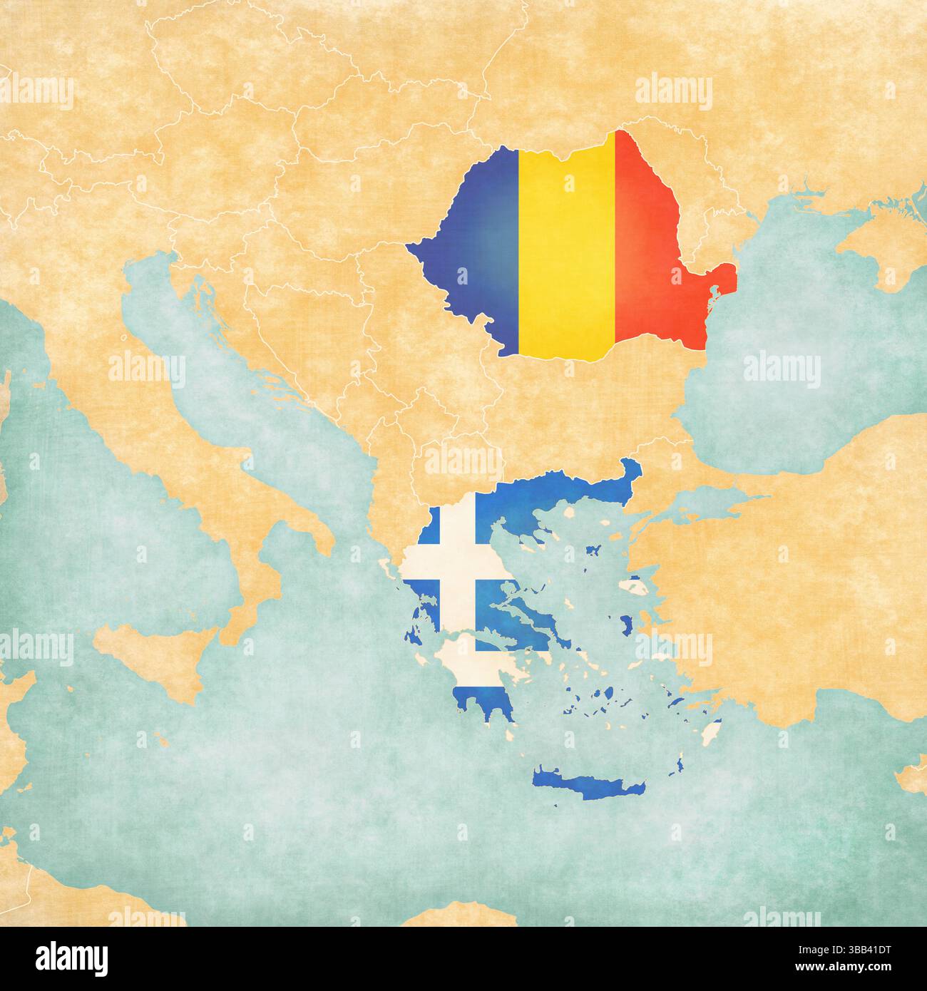 Greece and Romania on the map of Balkans in soft grunge and vintage ...