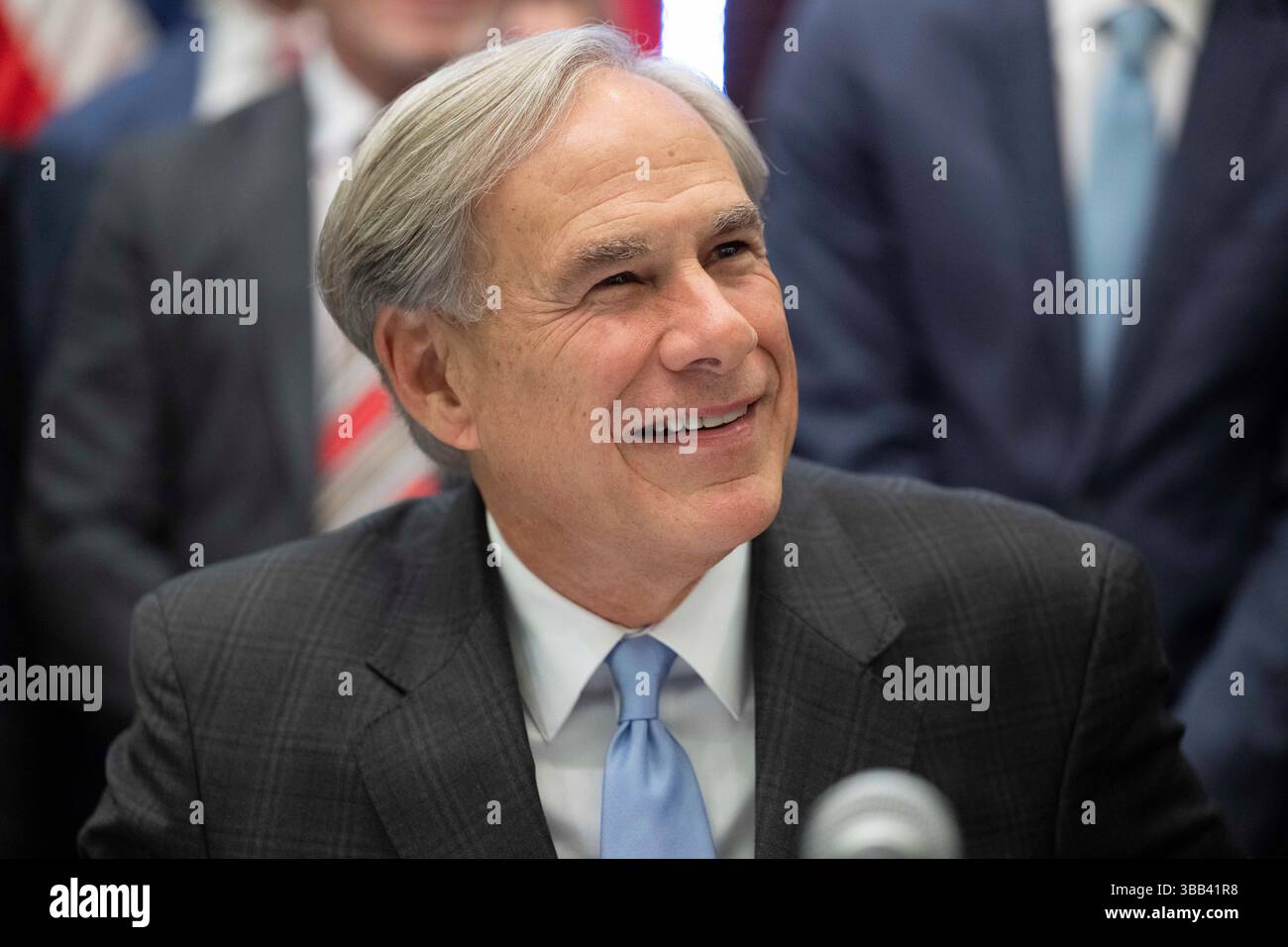 Austin Texas USA, May 14 2025: Texas Governor GREG ABBOTT speaks to the ...