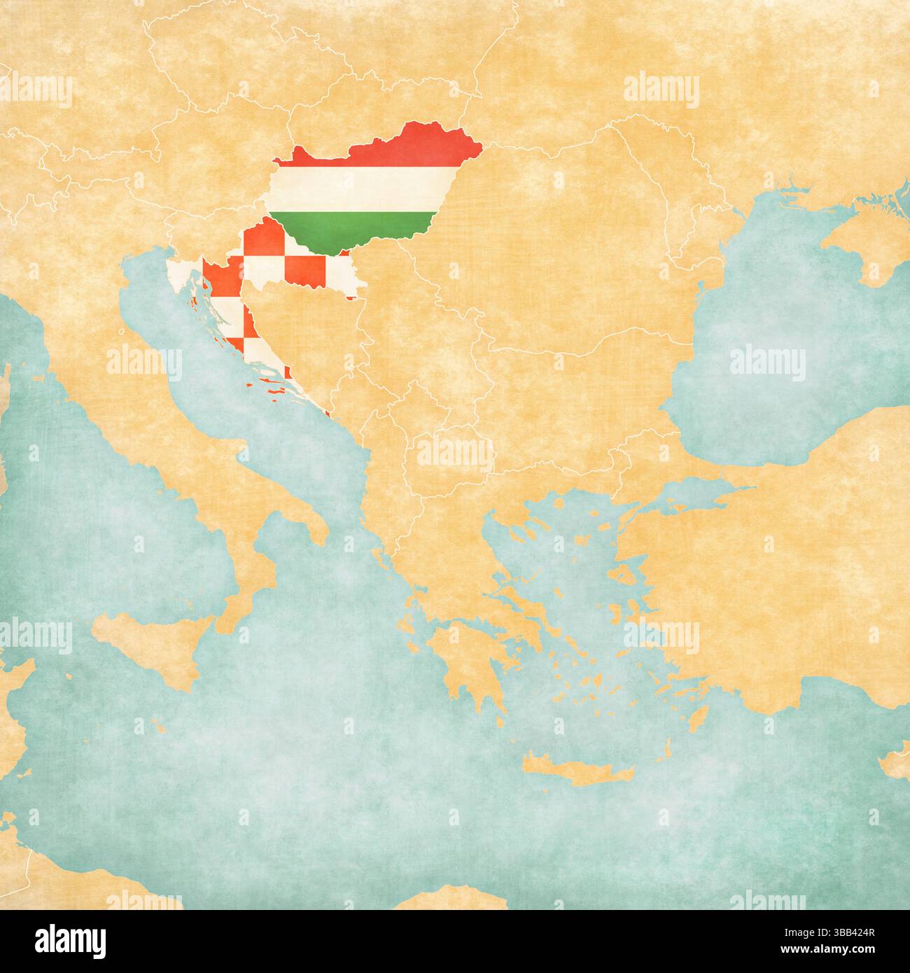 Croatia and Hungary on the map of Balkans in soft grunge and vintage ...