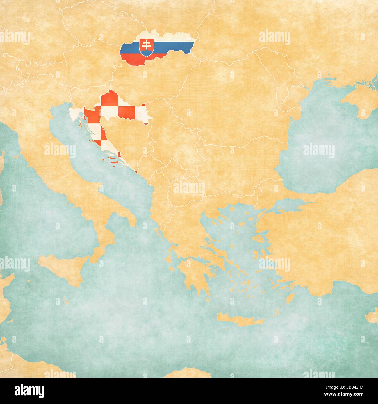 Croatia and Slovakia on the map of Balkans in soft grunge and vintage ...