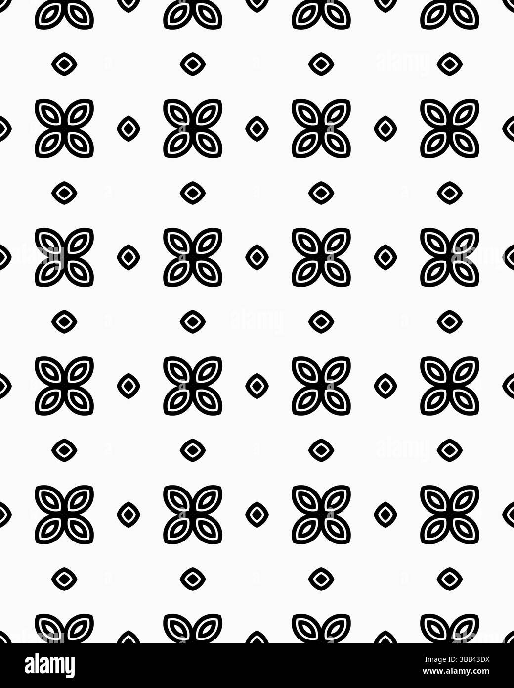 Repeating black floral shapes create a modern pattern on a white ...