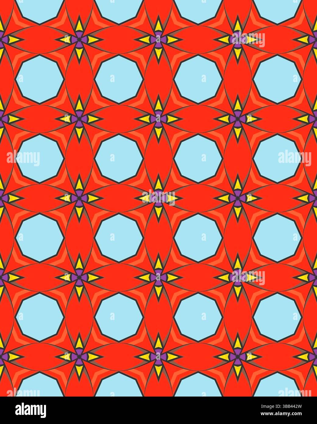 The artwork features a vibrant geometric pattern with red star-like ...
