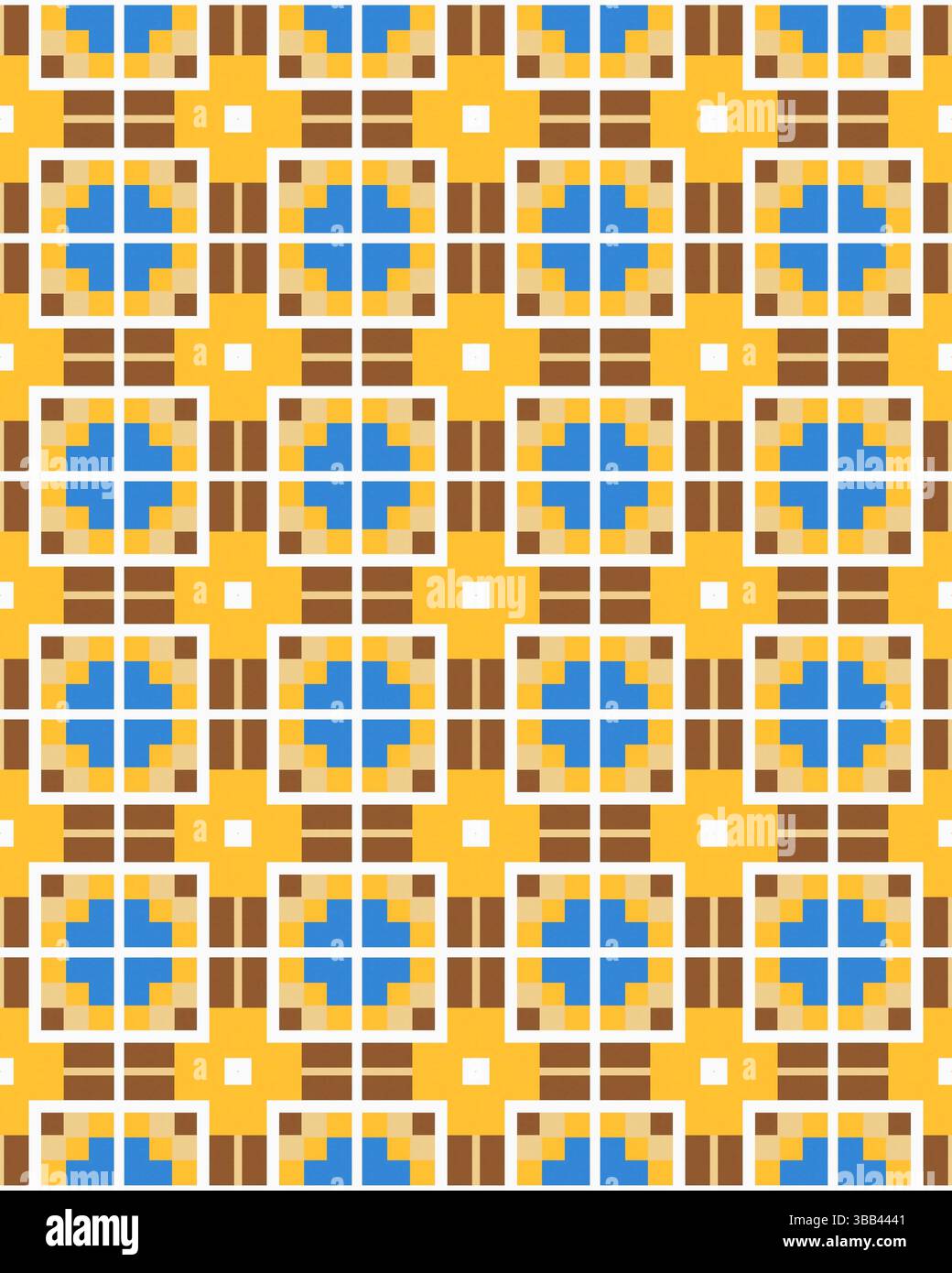 This design features a repeating geometric tile layout with blue squares, brown borders, and a ...