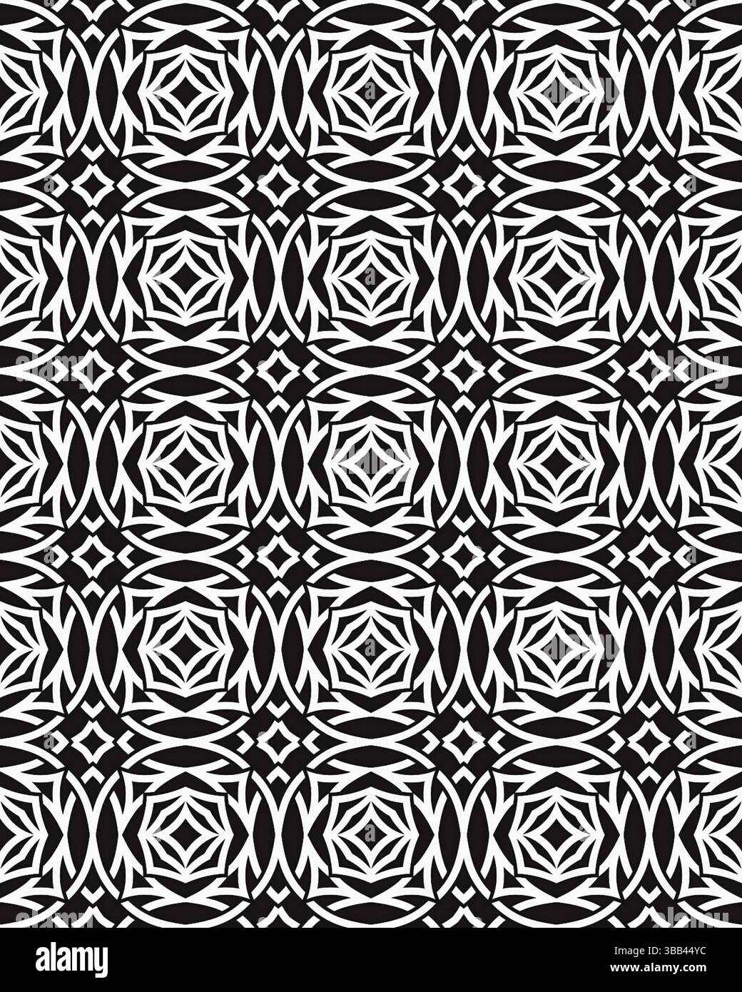 A complex arrangement of black and white geometric shapes forms an ...