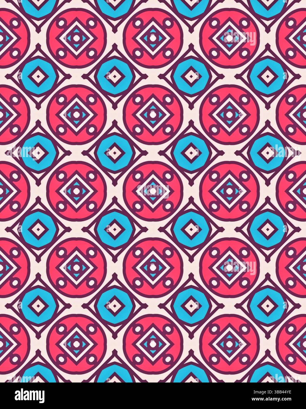 A vibrant textile design displays geometric shapes in pink, blue, and ...