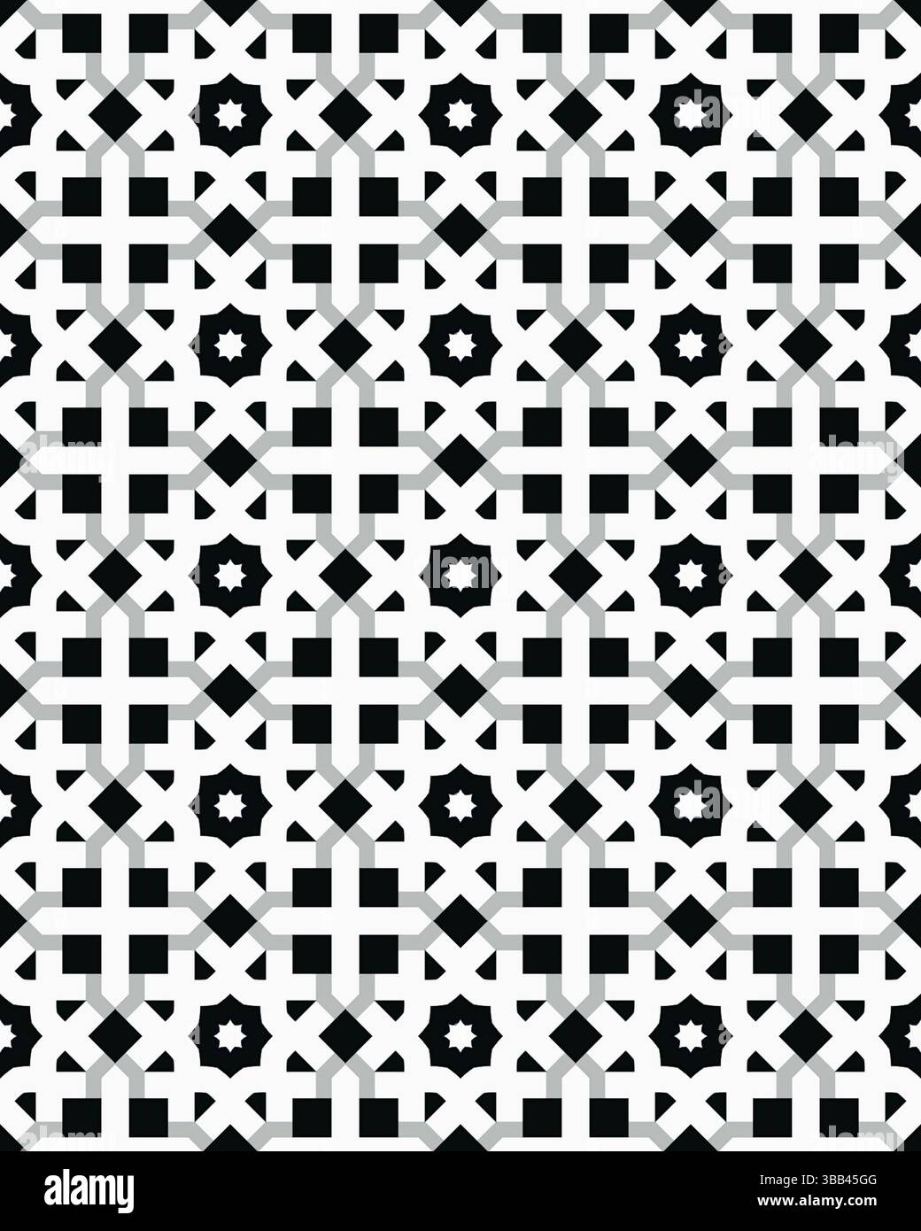 A detailed design featuring black and white shapes, stars, and ...