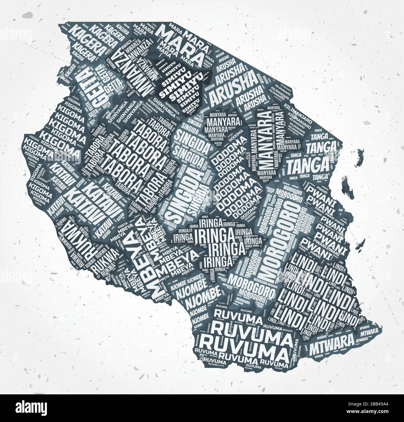 Tanzania regions word clouds. Country shape on textured background ...
