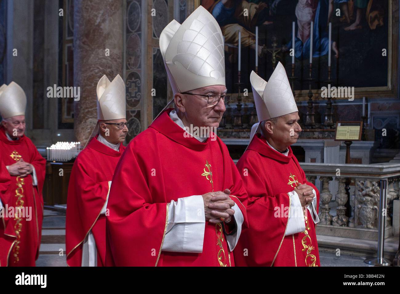 Cardinals Pietro Parolin and Robert Francis Prevost arrive for a mass on the seventh day of the ...