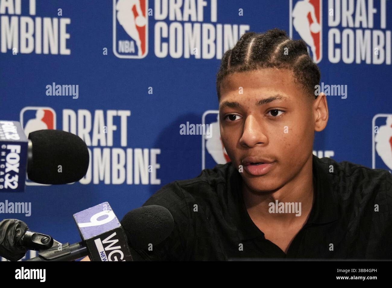 Jeremiah Fears talks to media at the 2025 NBA basketball draft combine ...