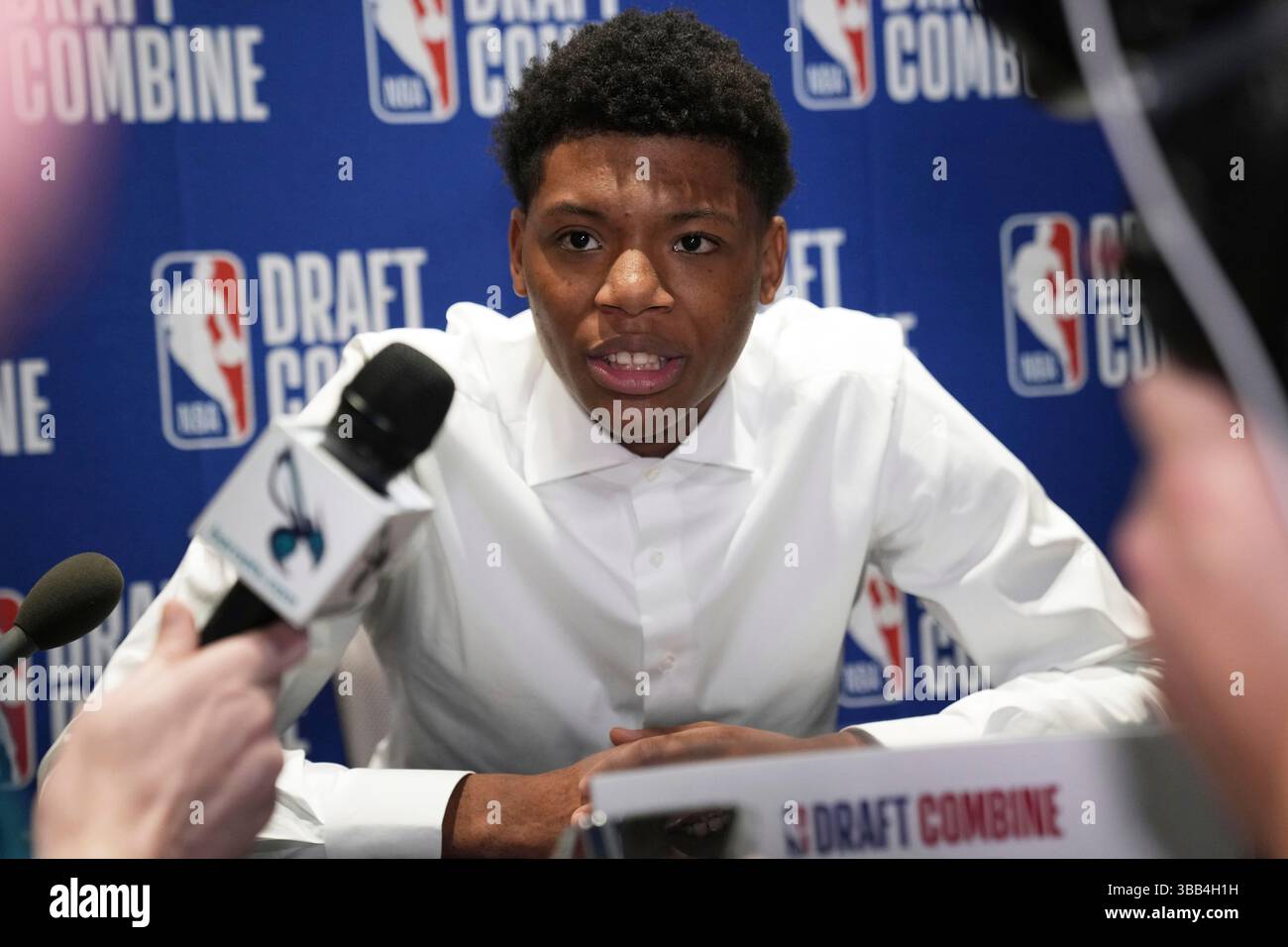 Ace Bailey talks to media at the 2025 NBA basketball draft combine in ...
