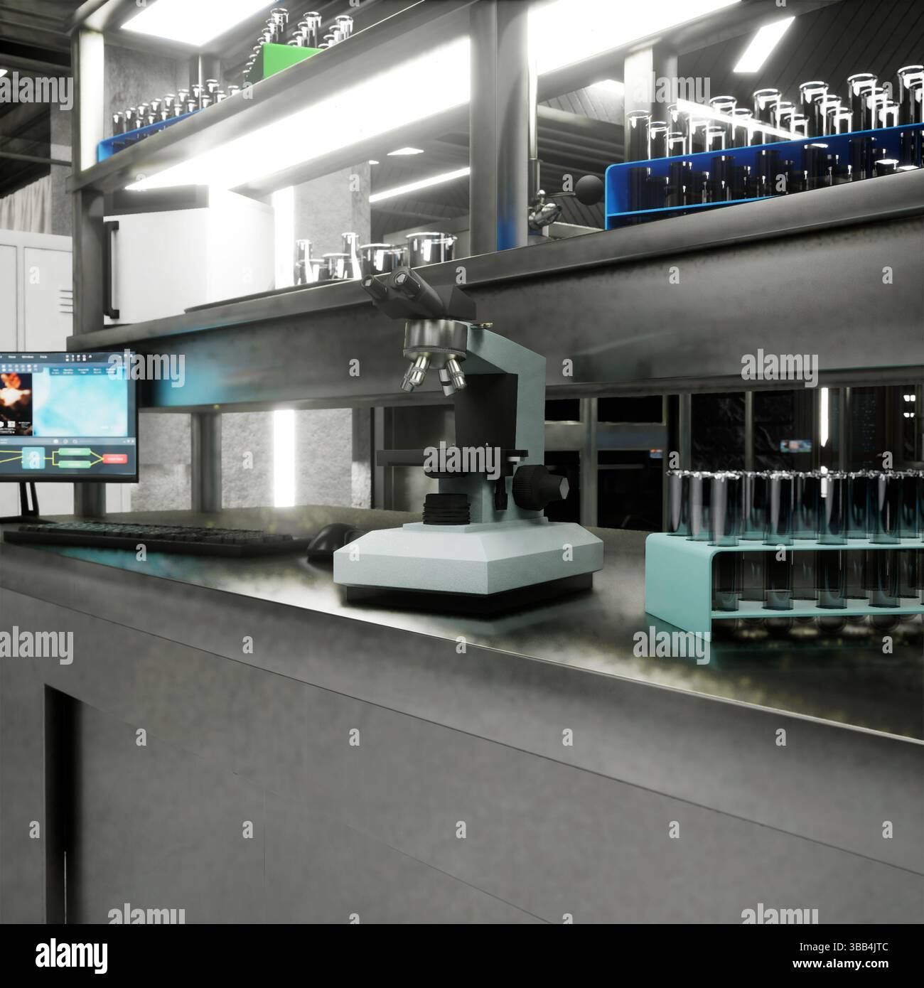 Hospital lab with sterile test tubes and glass vials prepared for ...