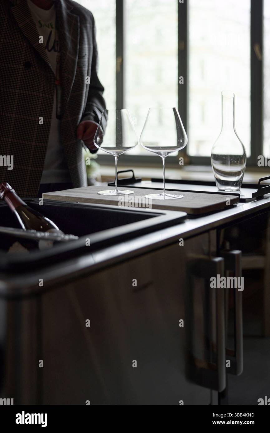 Clean wine glasses and decanter are on the table of a special wine ...