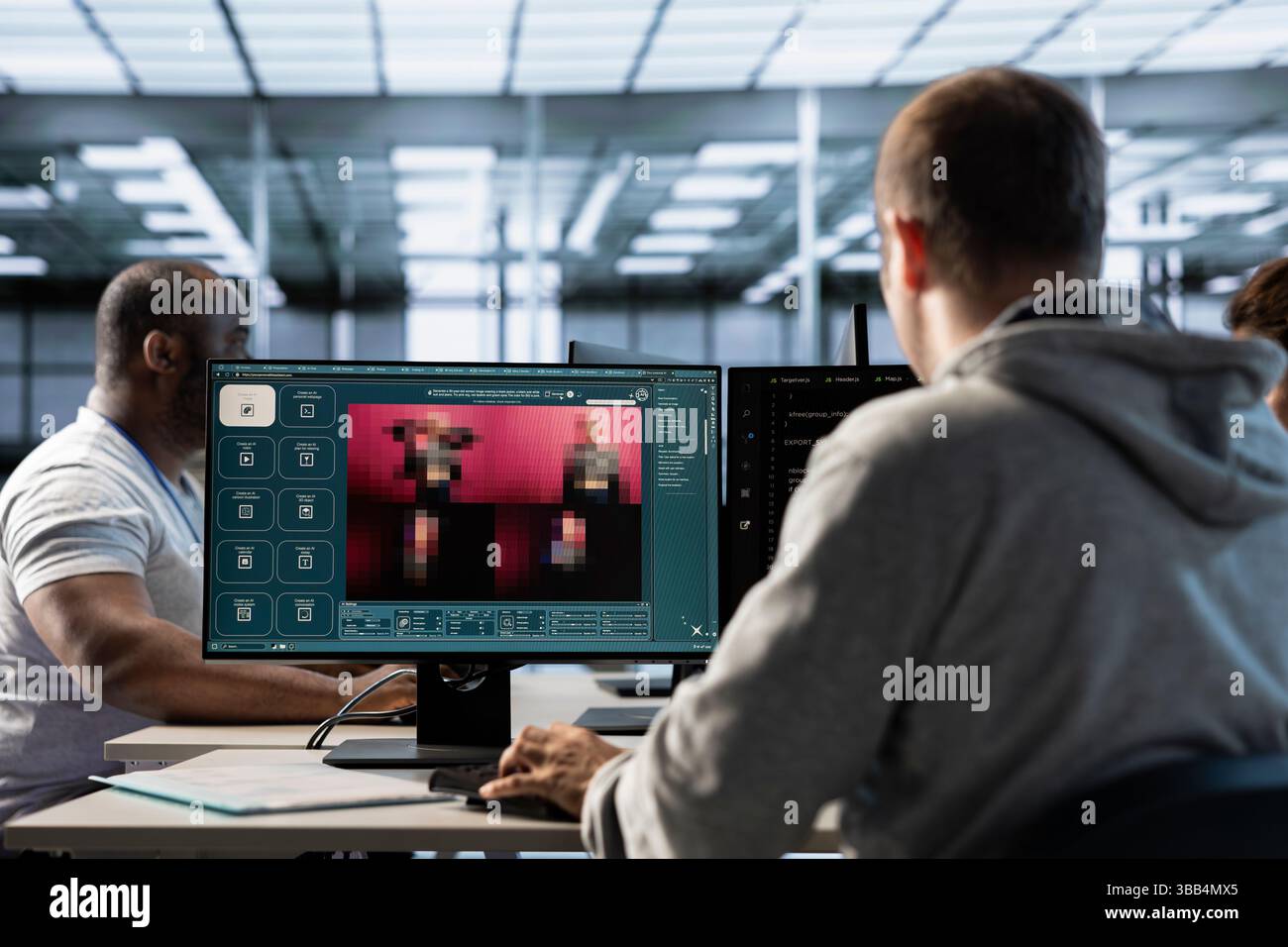 Engineer in server hub coding AI program turning text prompt into photos. IT specialist in data ...