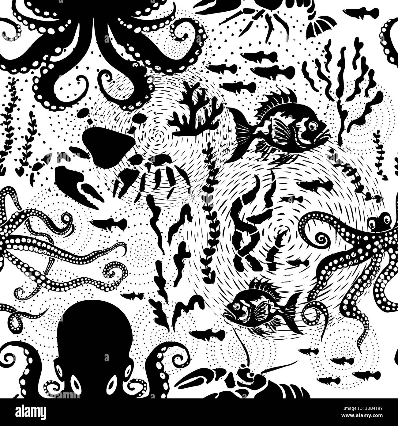 Seamless pattern sea inhabitants. hand drawing. Not AI, . Monochrome ...